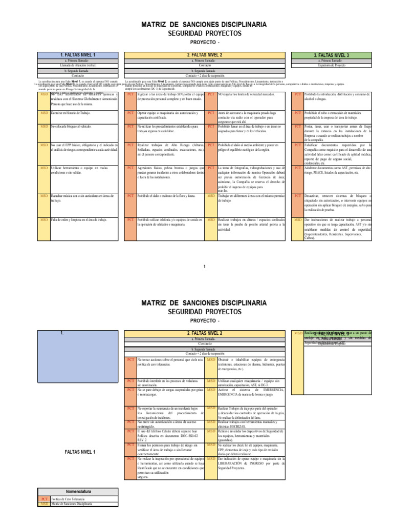 Matríz de Sanciones Disciplinarias - Seguridad Proyectos Editable | PDF