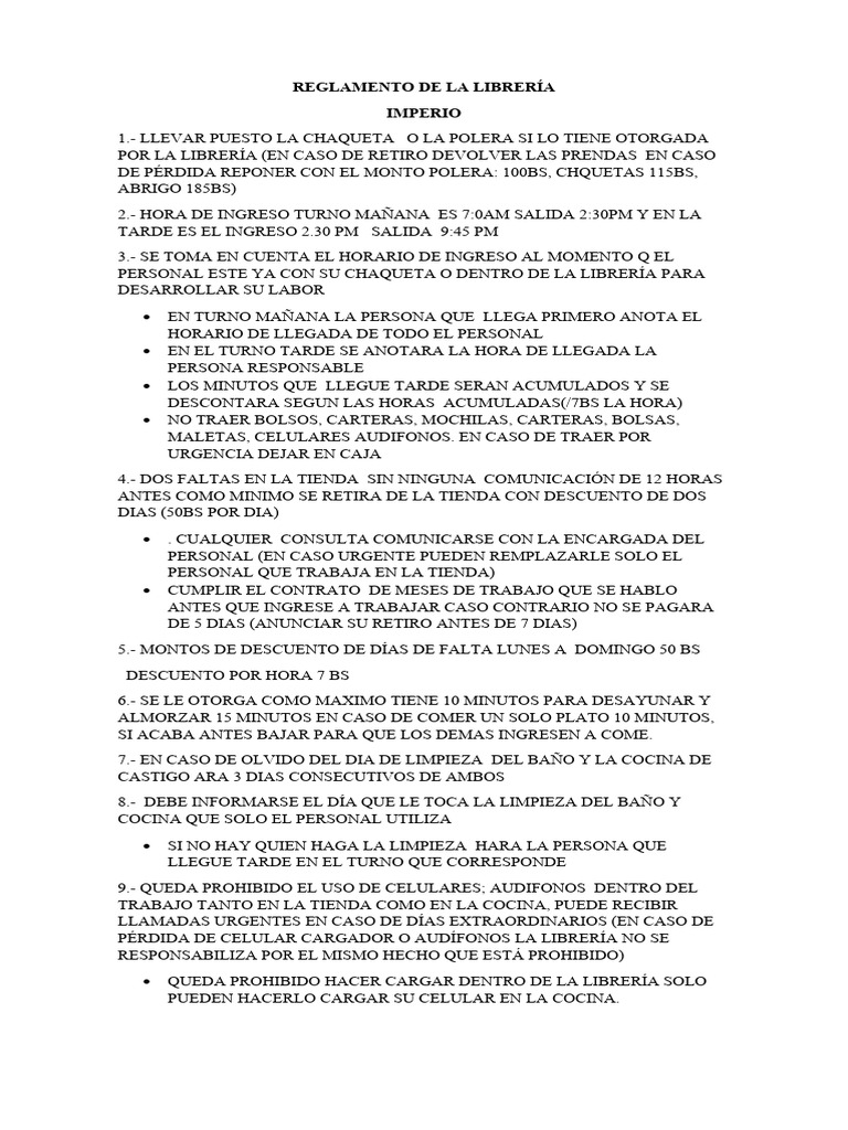 Reglamento de La Librería | PDF | Almuerzo