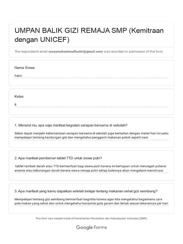 Umpan Balik Gizi Remaja SMP (Kemitraan Dengan Unicef) - Google Forms | PDF