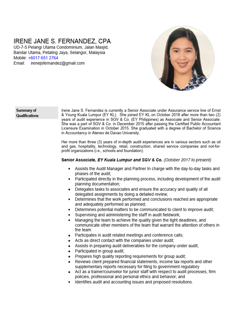 Fernandez-Irene-Jane - CV 3 | PDF | Audit | Accounting