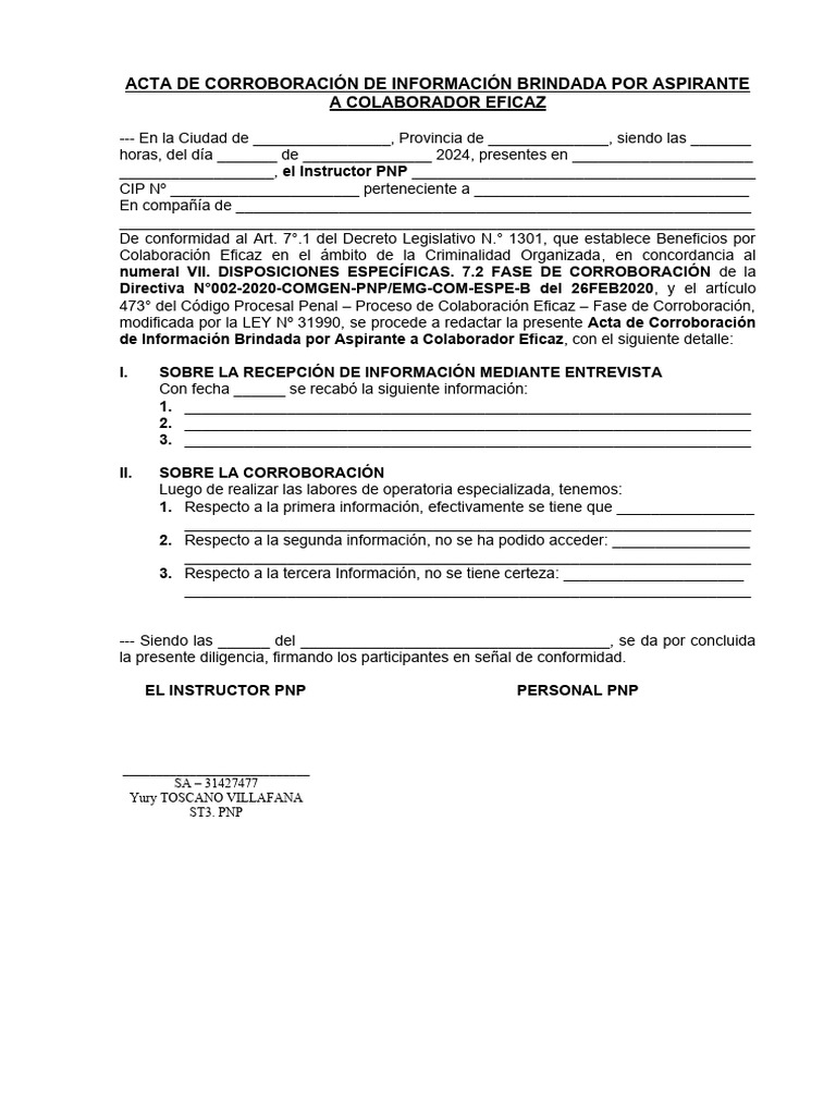 Acta de Corroboracion de Informacion Brindada Por Postulante A ...