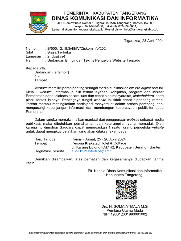 Surat Undangan Bimtek Pengelola Website Terpadu 2024 | PDF