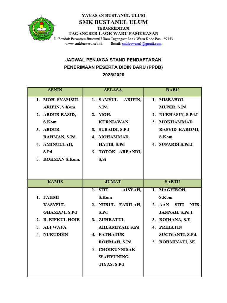 Jadwal Penjagaan Stand PPDB | PDF