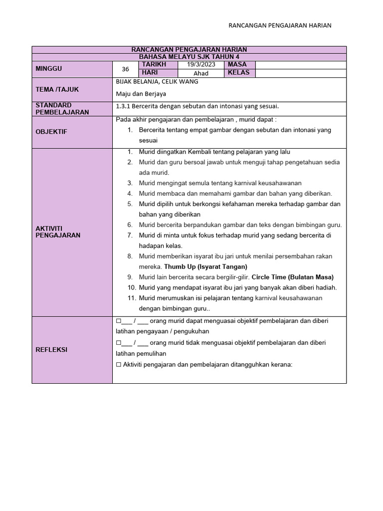 RPH Ringkas Minggu 36 BM SJK THN 4 2024 by Cikgu Gorgeous | PDF