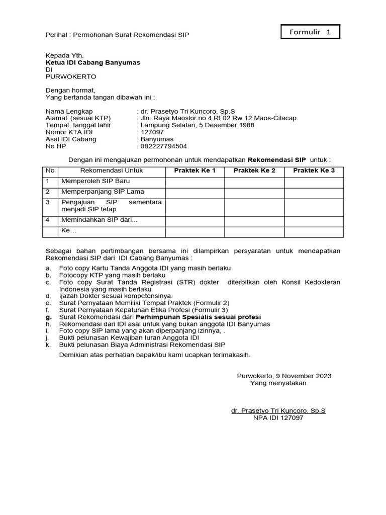 Form Permohonan Rekomendasi SIP | PDF
