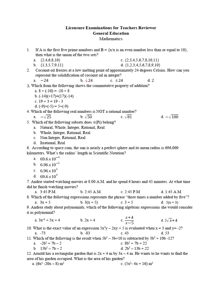 Licensure Examinations For Teachers Reviewer (GEN ED - MATH) | PDF | Angle | Circle