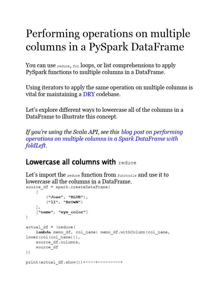 Performing Operations On Multiple Columns in A PySpark DataFrame | PDF | Apache Spark | Software ...