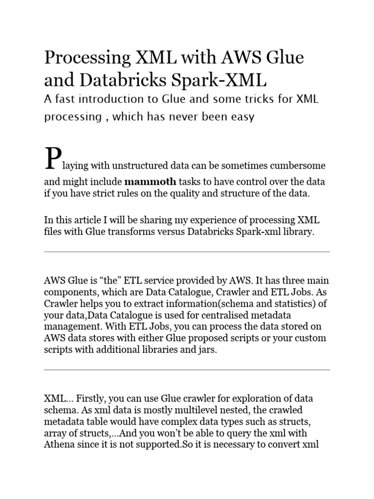 Processing XML With AWS Glue and Databricks Spark | PDF | Xml | Xml Schema