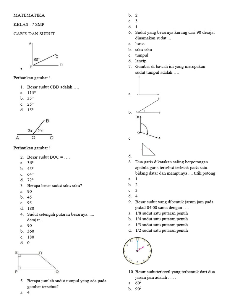 Soal MTK Sudut Dan Garis Kelas 7 SMP | PDF