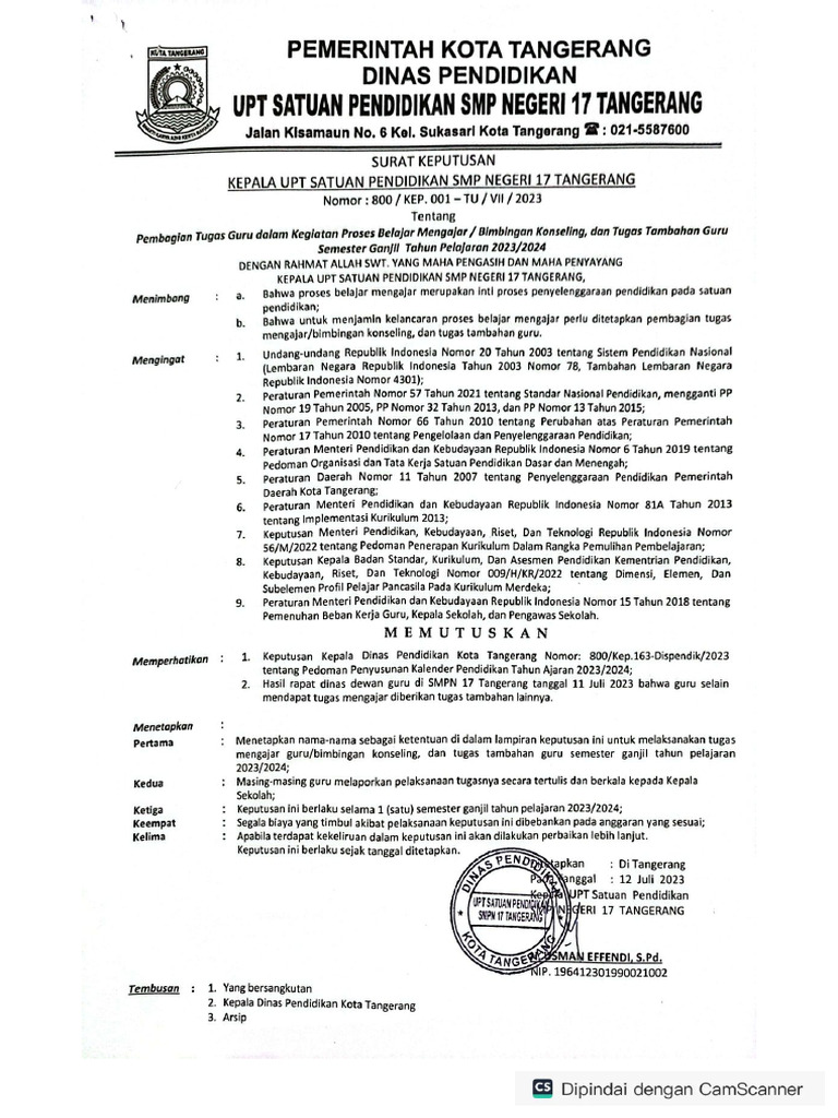 SK PEMBAGIAN TUGAS GURU 2023.2024 Insentif | PDF