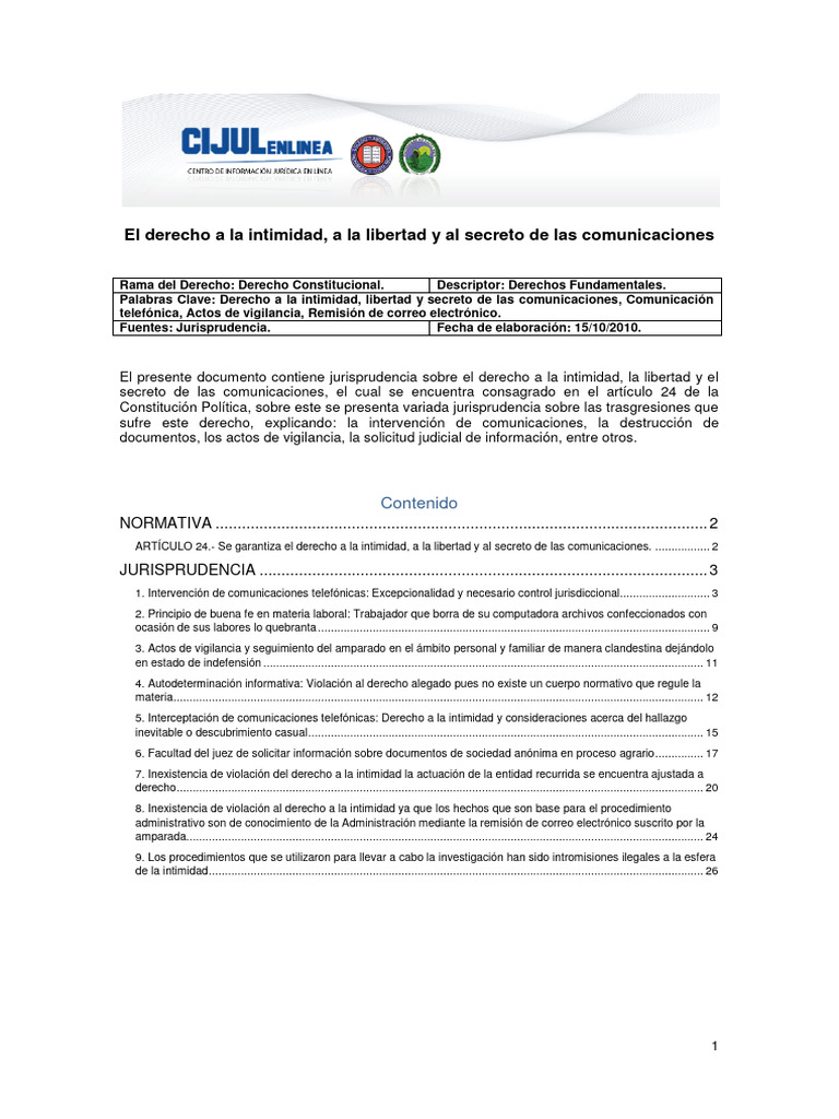 El Derecho A La Intimidad, A La Libertad y Al Secreto de Las Comunicaciones | PDF | Caso de ley ...