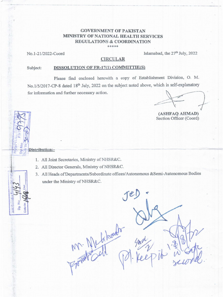 Establishment Division Dissolution of FR-17 (I) Committees | PDF