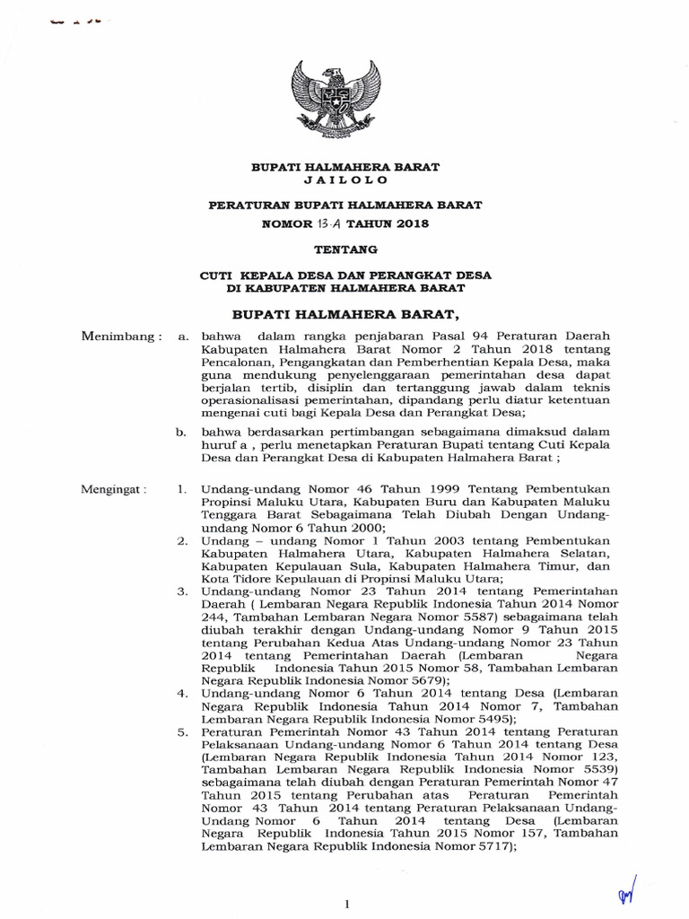 Cuti Kepala Desa Dan Perangkat Desa Di Kab Halbar | PDF