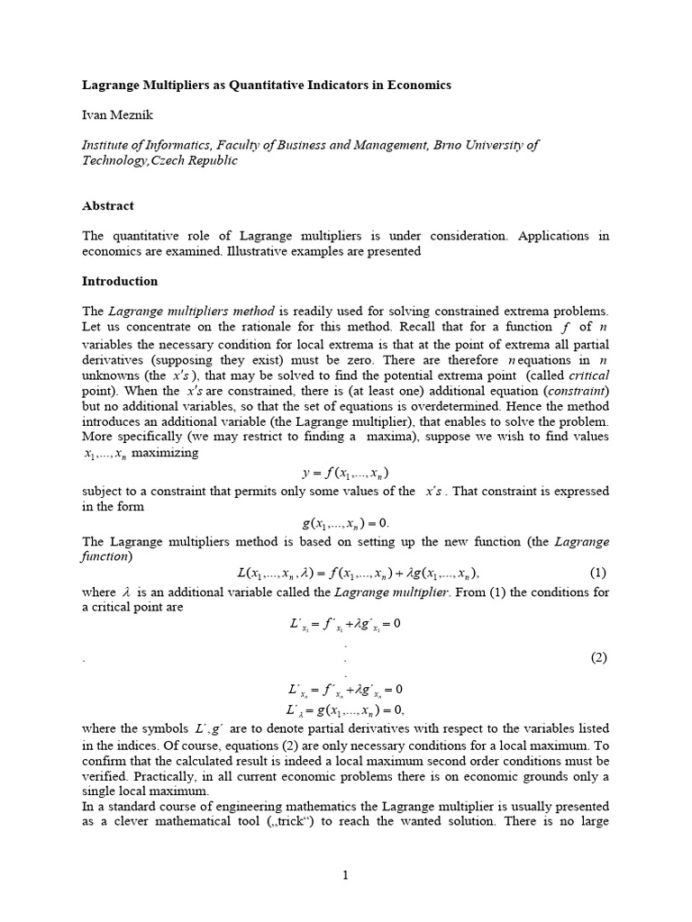Lagrange Multipliers As Quantitative Indicators In Economics Pdf Mathematics Mathematical