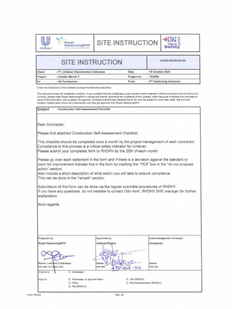 TA2839-RHD-SI-004-R0 Construction Self-Assessment Checklist | PDF