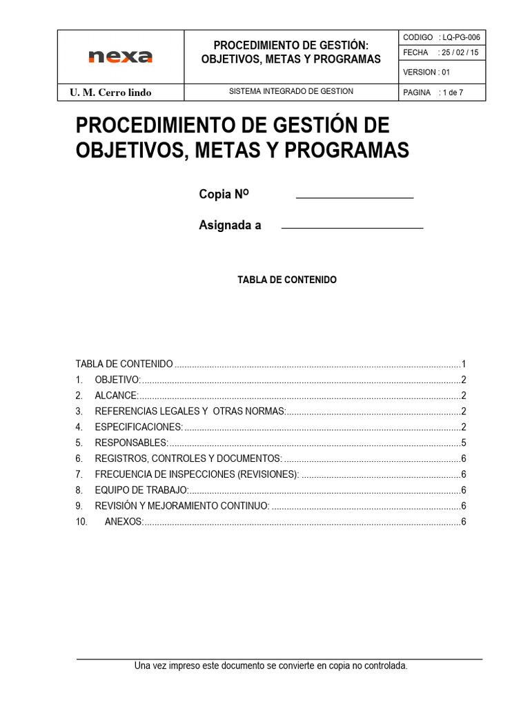 Proced Objetivos Metas y Programas | PDF | Seguridad y salud ...