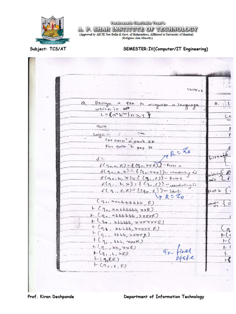 Module IV Design Examples of Deterministic PDA For Specific Pattern ...