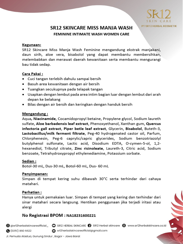 SR12 Miss Manja Wash: Pembersih Kewanitaan Alami | PDF