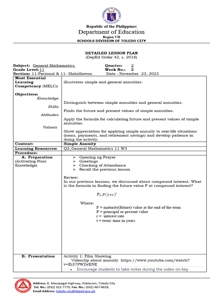 Q2 W5 DLP IN GEN MATH cot | PDF | Interest | Present Value
