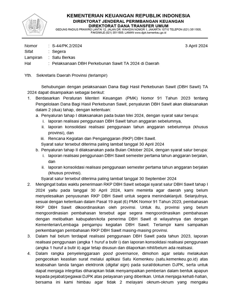 Pelaksanaan DBH Perkebunan Sawit TA 2024 | PDF