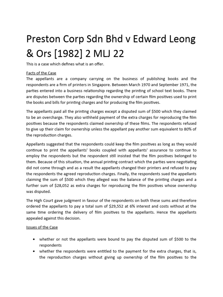 Case Summary Preston Corp SDN BHD V Edward Leong & Ors | PDF | Offer ...
