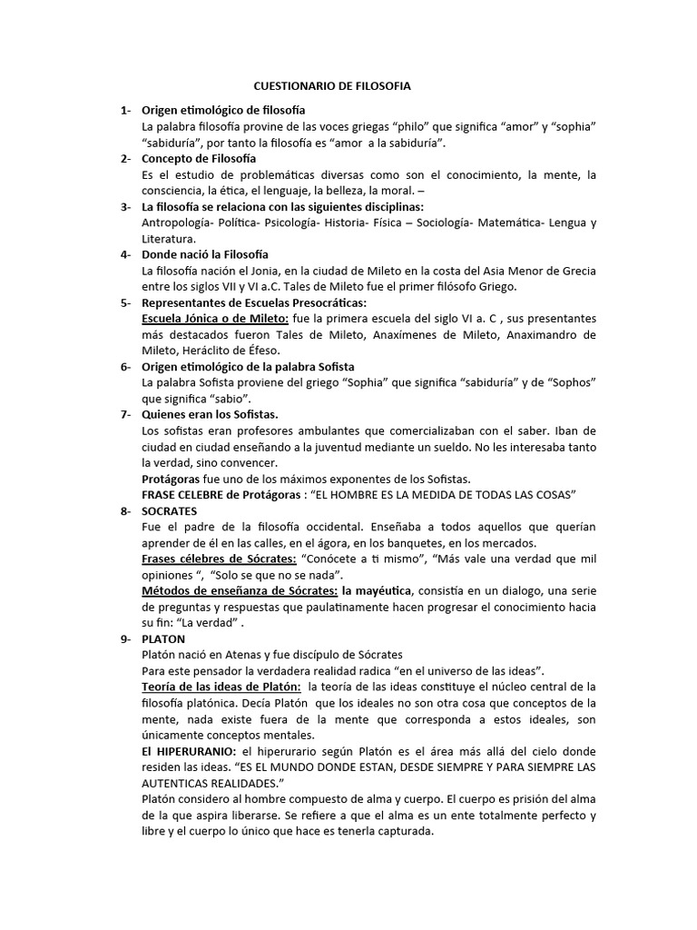 Cuestionario de Filosofia San Jose Obrero | PDF | Conocimiento | Platón