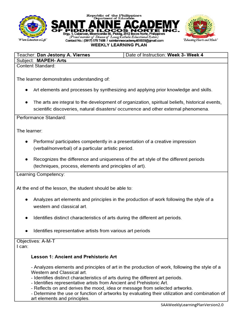 ARTS-Learning-Plan - MAPEH-1ST QUARTER Week-1-8 | PDF | Learning ...