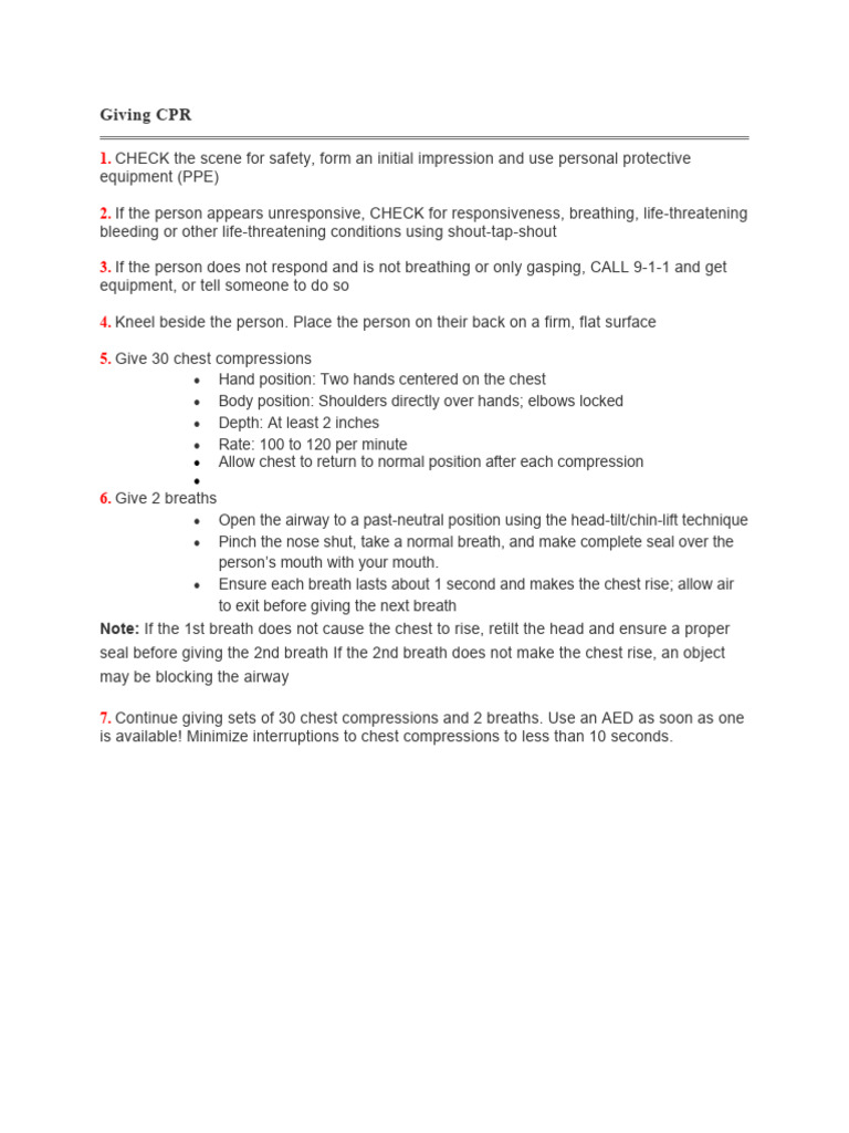 Steps in Giving CPR | PDF | Wellness