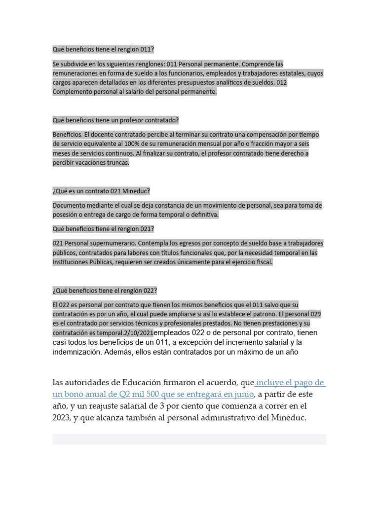 Beneficios del renglón 011 en Guatemala | PDF | Salario