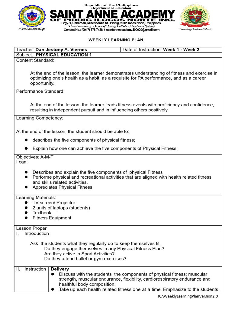 PE I - 11-Learning-Plan - PE-1ST QUARTER Week-1-8 | PDF | Physical ...