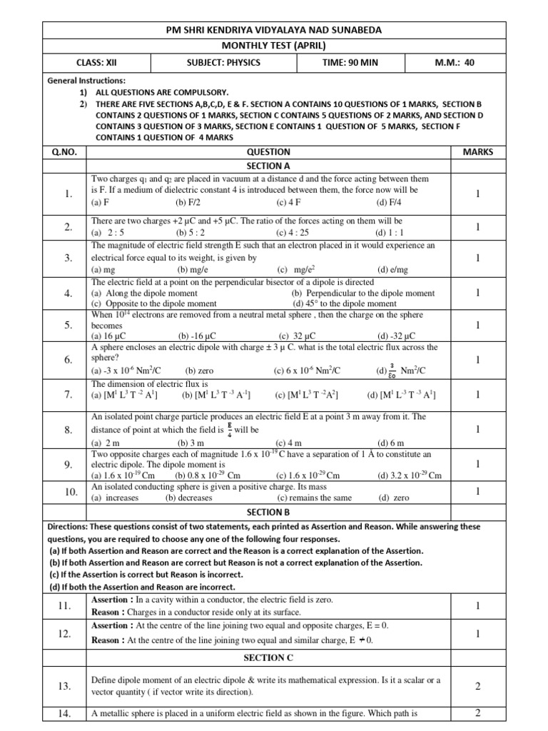 MT APRIL | PDF | Electric Field | Physics