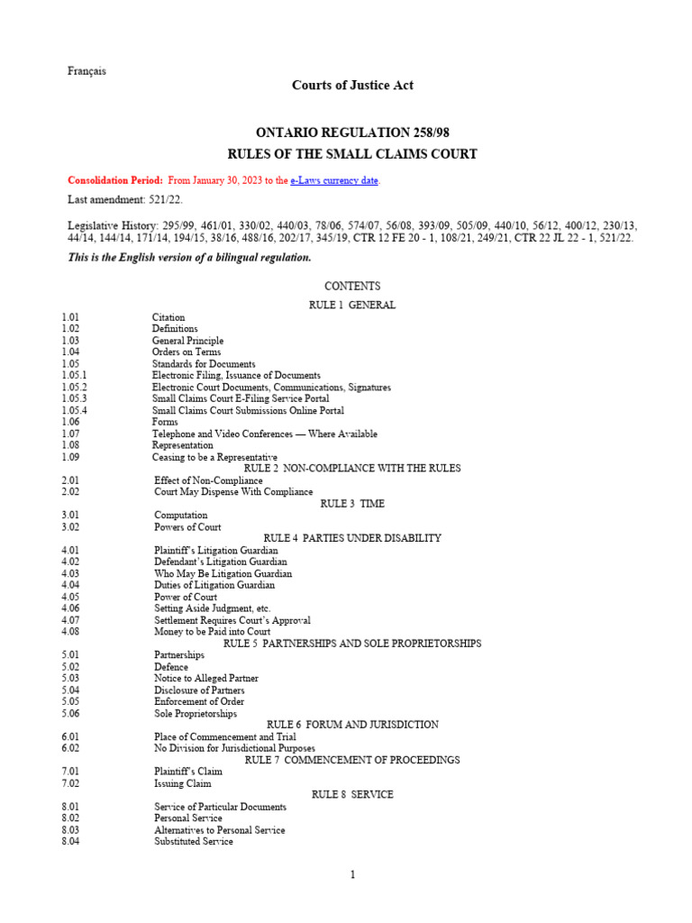 Ontario Regulation 258/98 Rules of The Small Claims Court: Courts of ...
