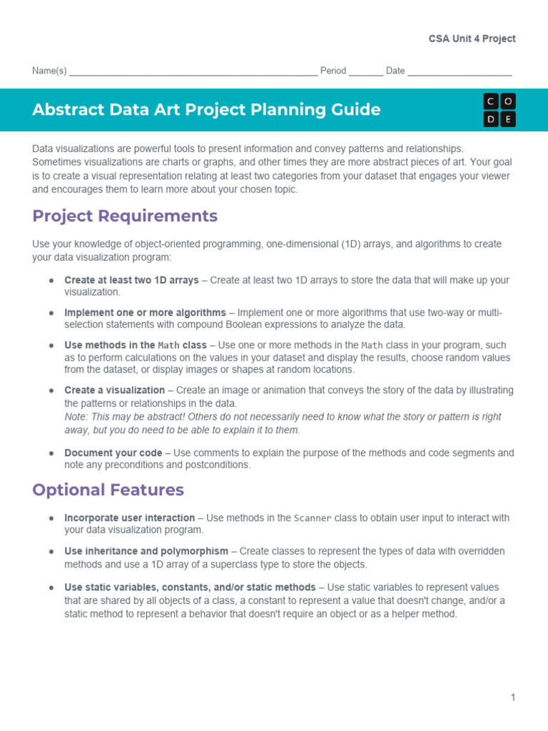 CSA Unit 4 Abstract Data Art Project Planning Guide | PDF | Method ... CSA Unit 4 Abstract Data Art Project Planning Guide | PDF | Method ...