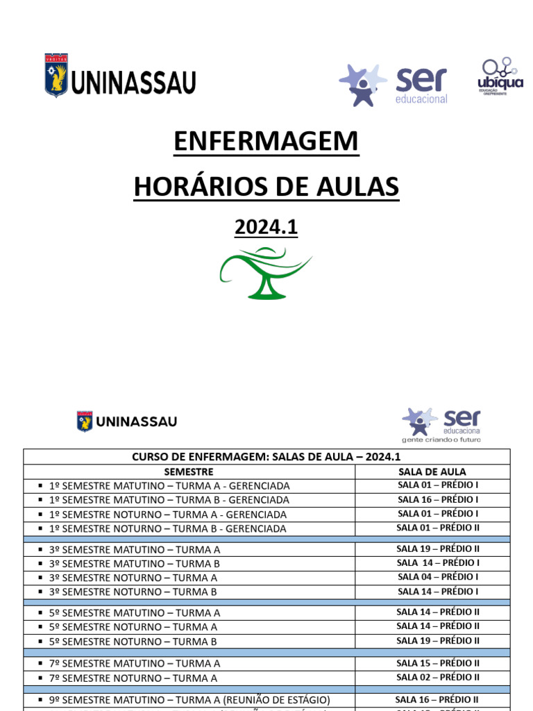 Horários de Aulas de Enfermagem - 2024.1 Uninassau Barreiras-Ba | PDF | Enfermagem | Sistema de ...