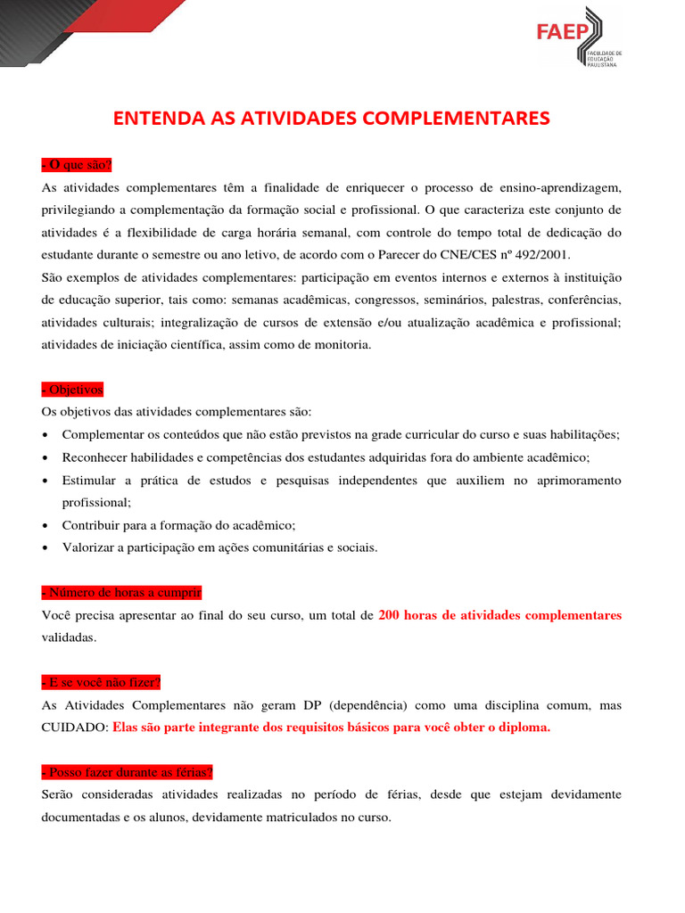 ATIVIDADES COMPLEMENTARES - REGRAS e TABELA | PDF