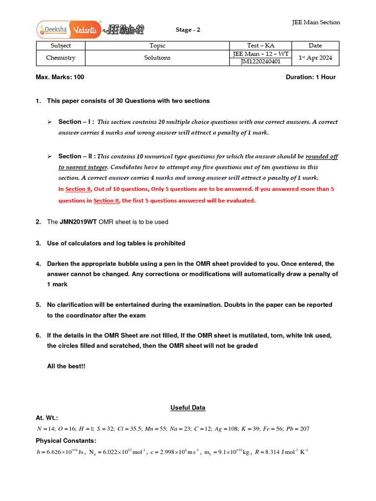 JEE Main Chemistry Solutions Test April 2024 | PDF | Chemistry ...