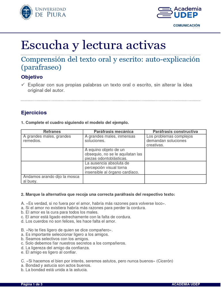 Ejercicios de Comprensión Del Texto Oral y Escrito Auto-Explicación ...