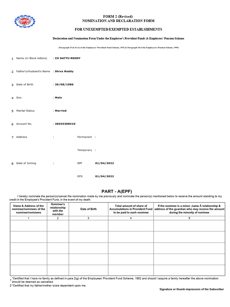 Nomination and Declaration Form | PDF | Employee Benefits