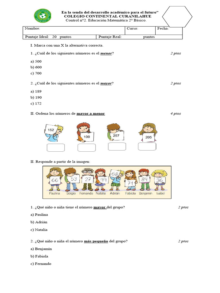 Control N°2, Tercero Básico. Comparación, Orden de Número y Sumas5 | PDF