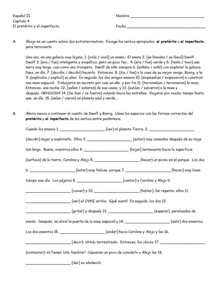 Espaol II Nombre Capitulo 4 El Preterito y El Imperfecto Fecha A | PDF ...