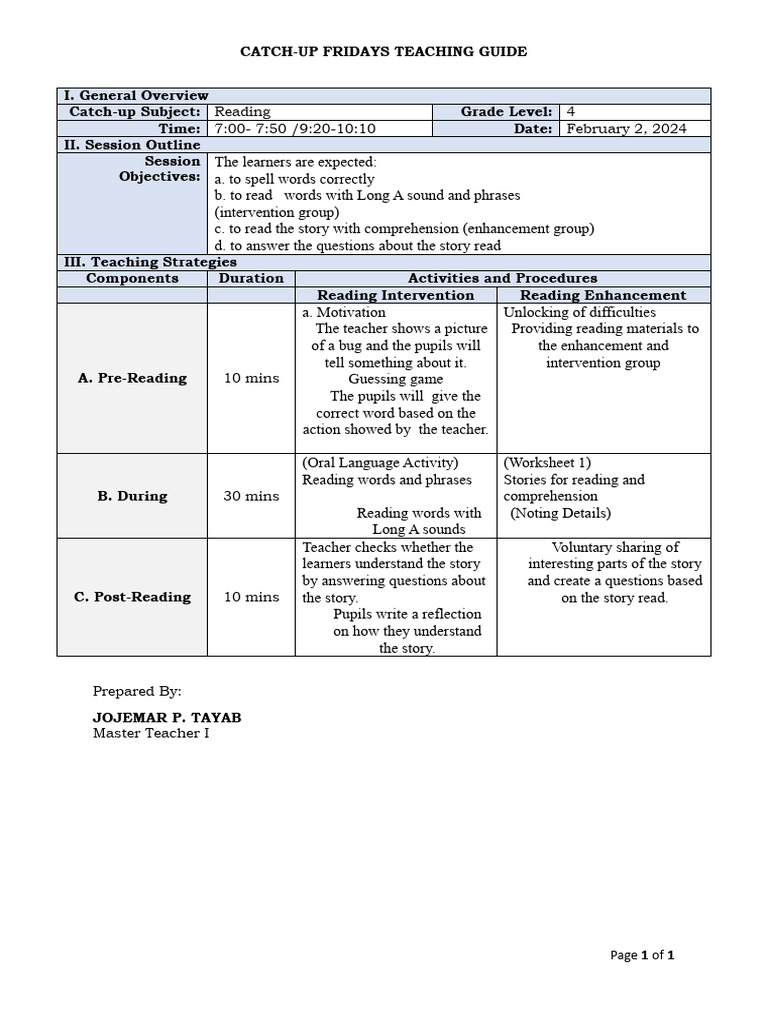 GRADE4 ENG READING - CATCH UP FRIDAY Feb 9 | PDF | Reading Comprehension | Linguistics