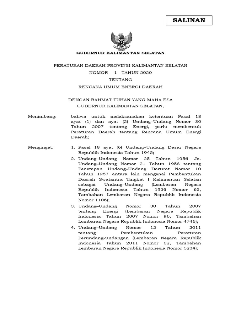 Perda Prov Kalsel 1 Tahun 2020 Rencana Umum Energi Daerah | PDF ...