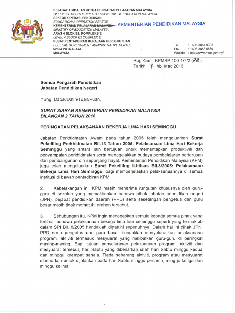 Surat Siaran KPM Bil 2 Tahun 2016 Peringatan Pelaksanaan Bekerja Lima ...