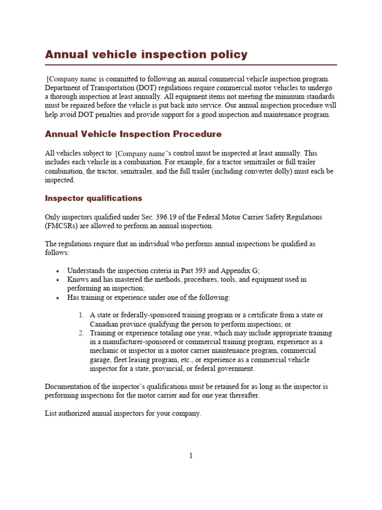 Annual Vehicle Inspection Policy Overview | PDF | Vehicles | Land Vehicles