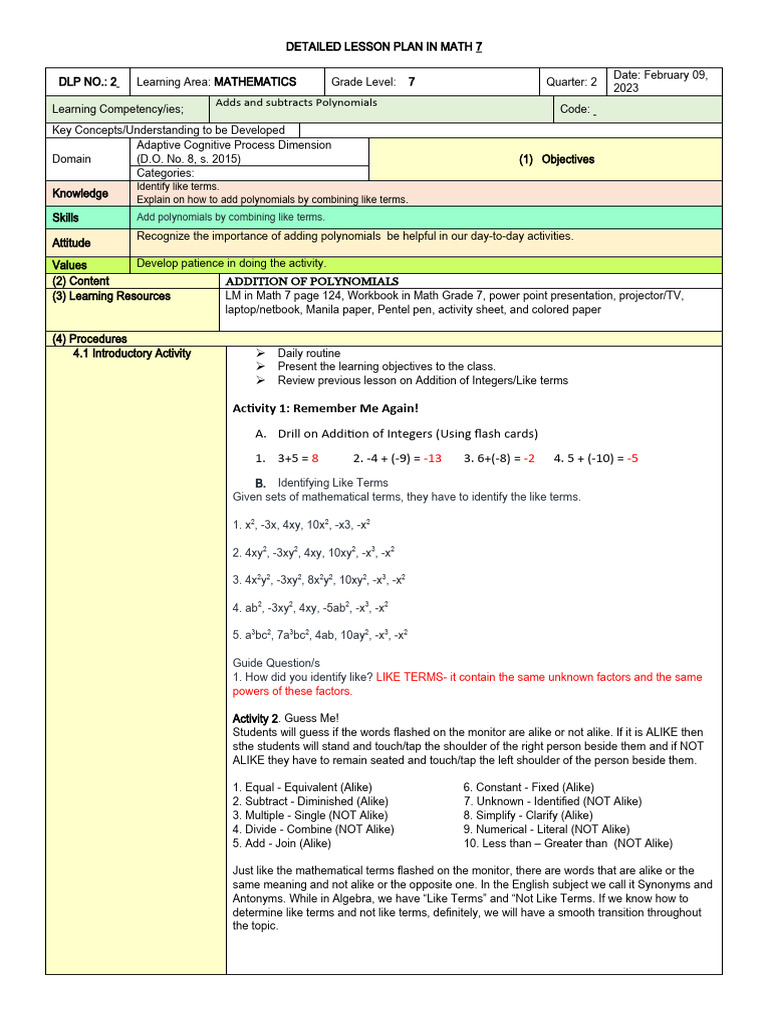 Inset-Demo Math 7 DLP | PDF | Polynomial | Mathematics