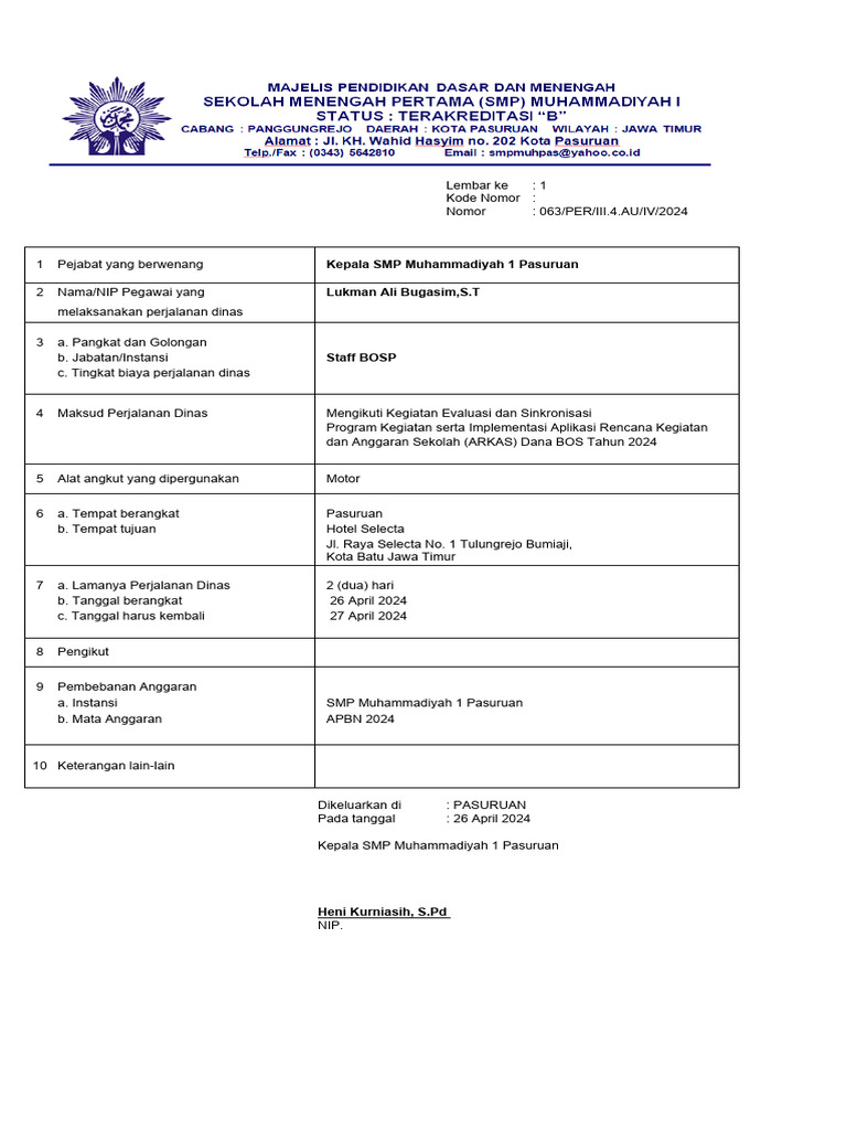 Contoh Format SPPD Rakor BOS 2024 | PDF