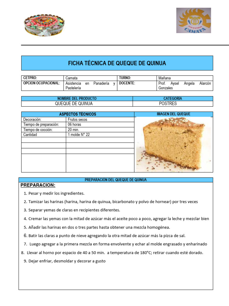 Queque de Quinua | PDF | Pasteles | Postres