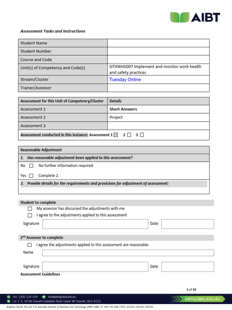 SITXWHS007 Assessment 1 - Short Answer | PDF | Occupational Safety And ...