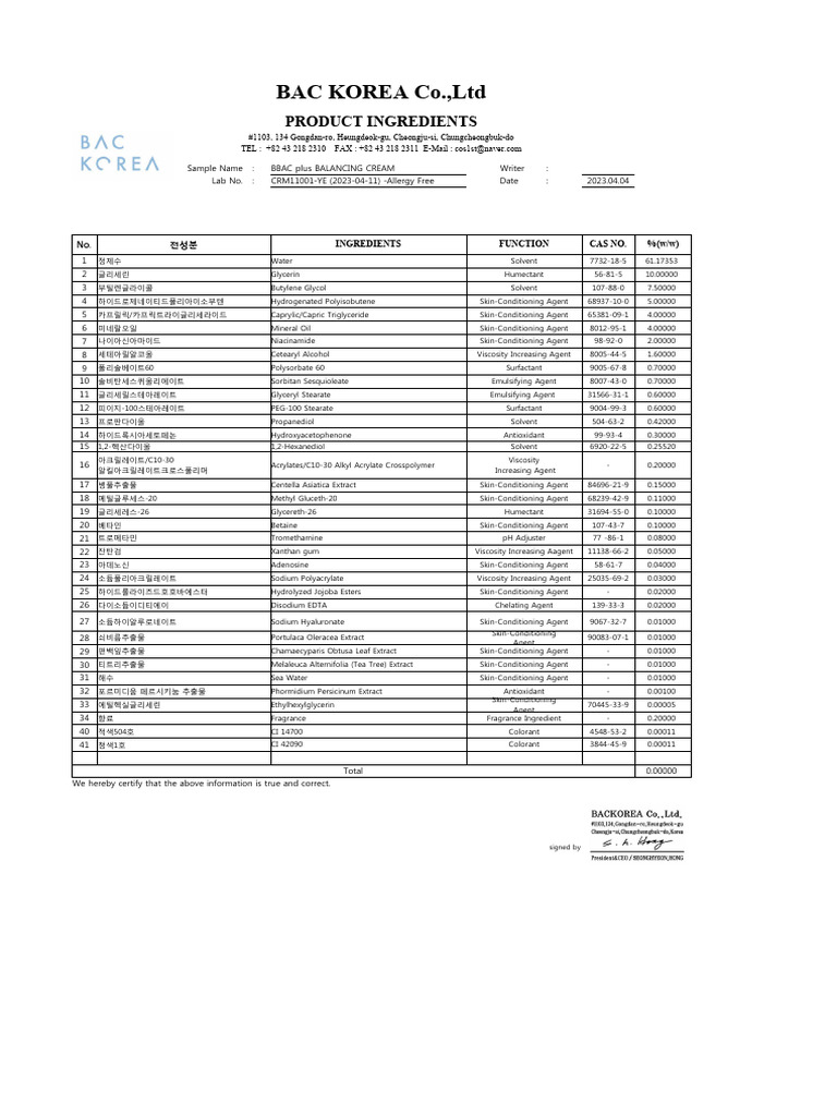 Bbac Plus Balancing Cream Product Ingredients Allergy Free | PDF | Glycerol | Chemical Compounds