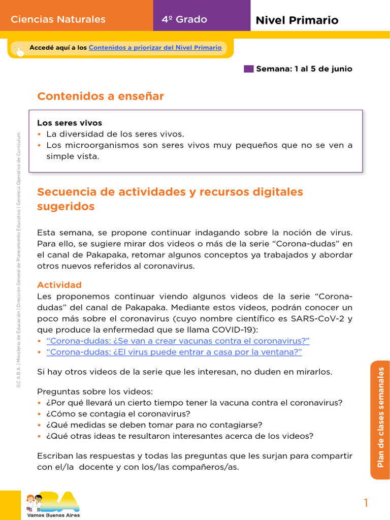 Plan Clases Prim Csnat 4 Q1junio | PDF